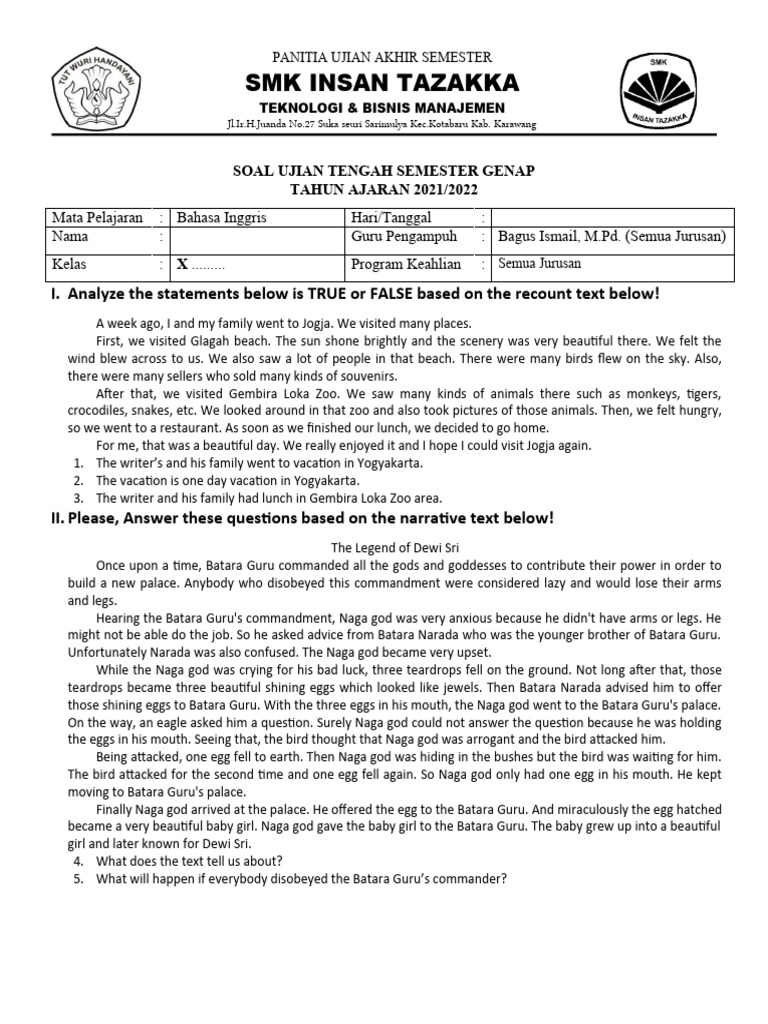 Soal UTS ENGLISH KELAS X (Mr. Bagus) | PDF