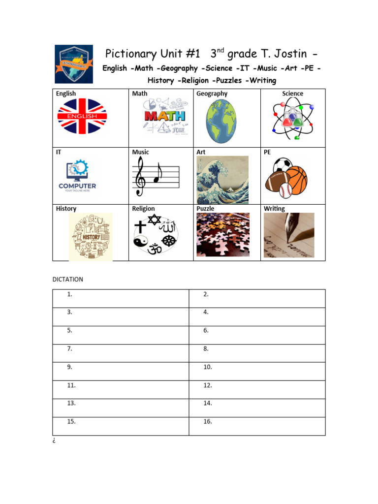 Pictionary 3rd Grade Unit 1 | PDF