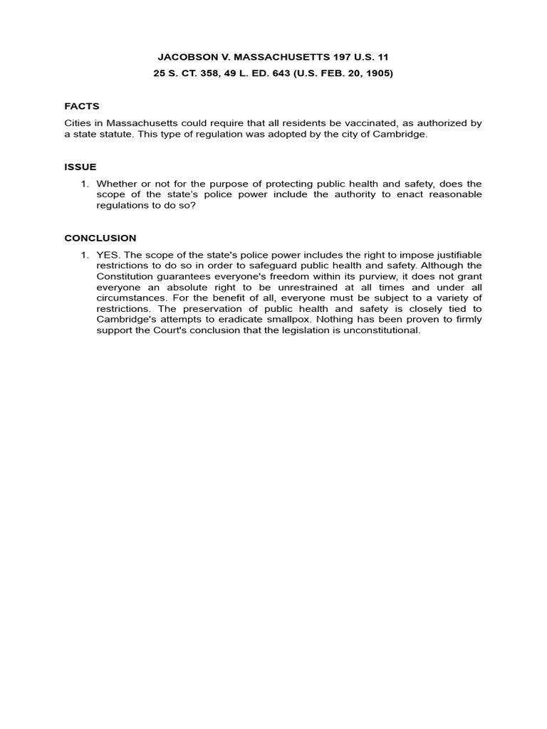 Jacobson v. Massachusetts Case Summary | PDF | Social Science | Law