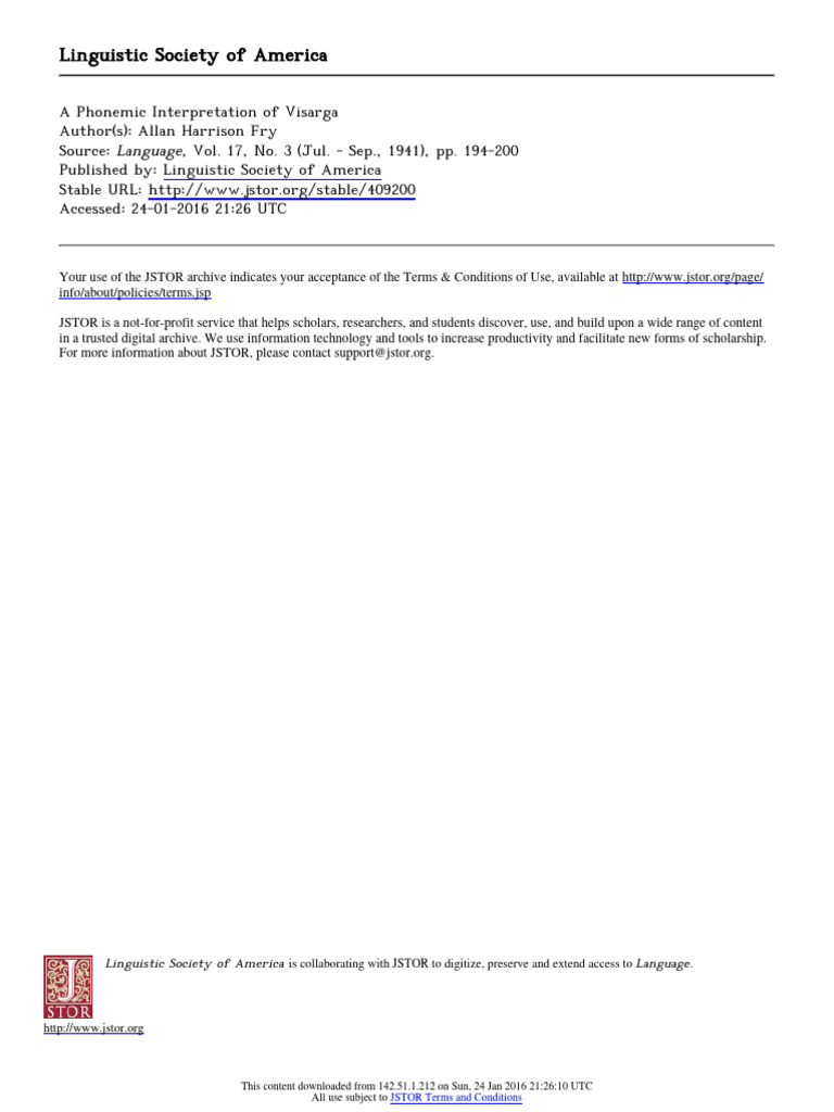 A Phonemic Interpretation of Visarga by Allan H. Fry | PDF