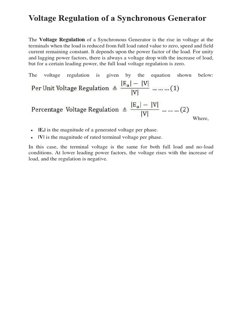 Voltage Regulation of a Synchronous Generator | PDF
