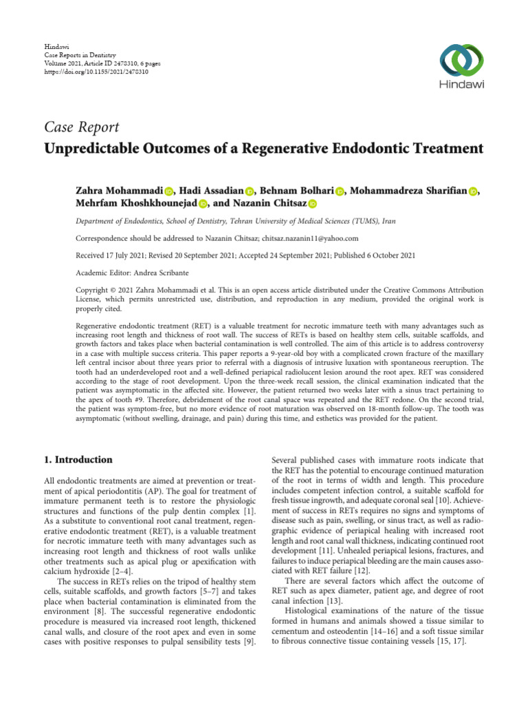 Unpredictable Outcomes of a Regenerative Endodontic Treatment | PDF