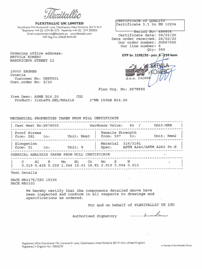 DOP Po EN 10204 3.1. Poz. 8 | PDF
