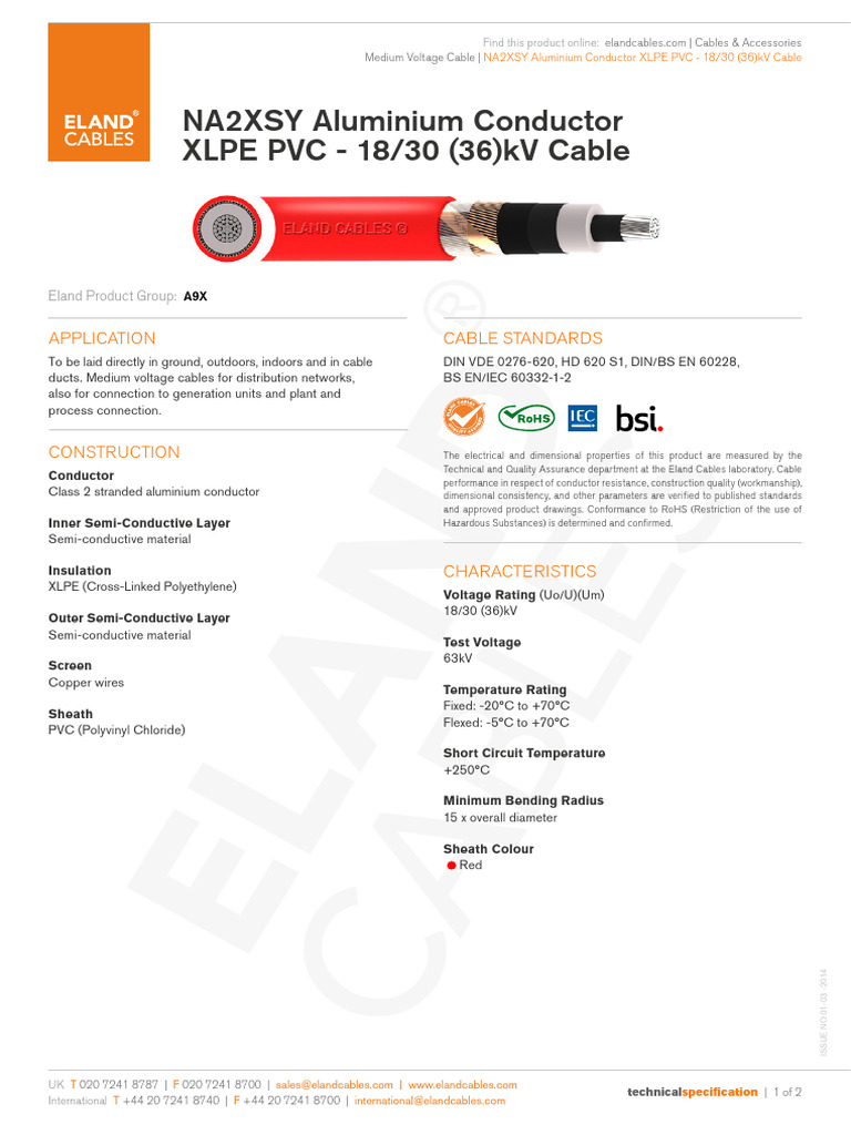 Na2xsy Aluminium Conductor Xlpe PVC Cable 1830 36 KV | PDF | Electrical ...