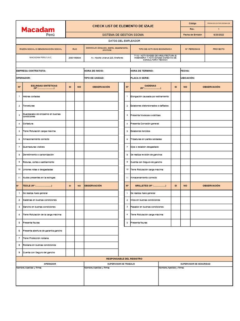 For-Ssoma-026 - Check List Elementos Izaje | PDF For-Ssoma-026 - Check List Elementos Izaje | PDF