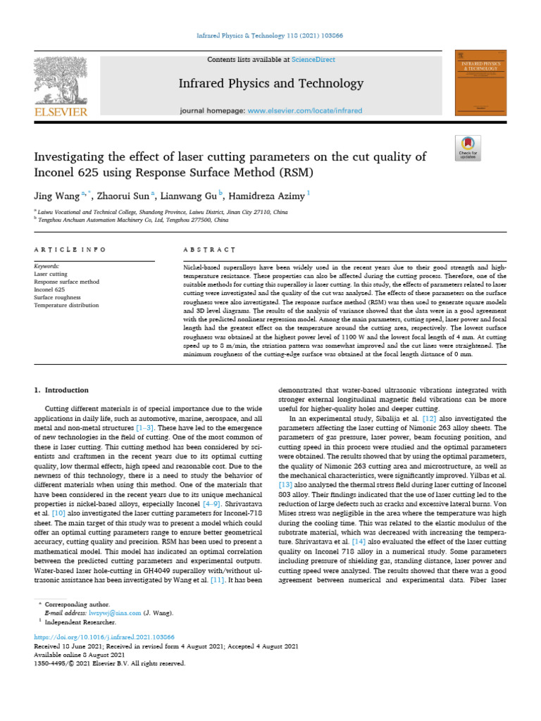 Infrared Physics and Technology: Jing Wang, Zhaorui Sun, Lianwang Gu, Hamidreza Azimy | PDF