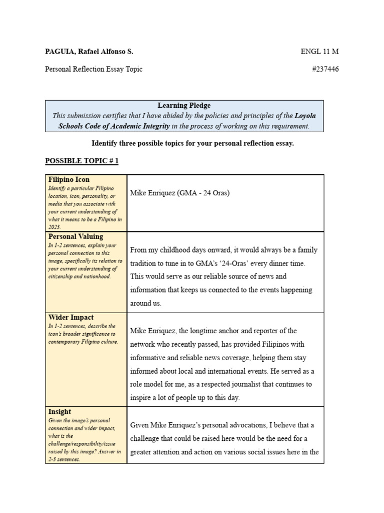 (PAGUIA) ENGL 11 - Initial Topics For The Personal Reflection | PDF