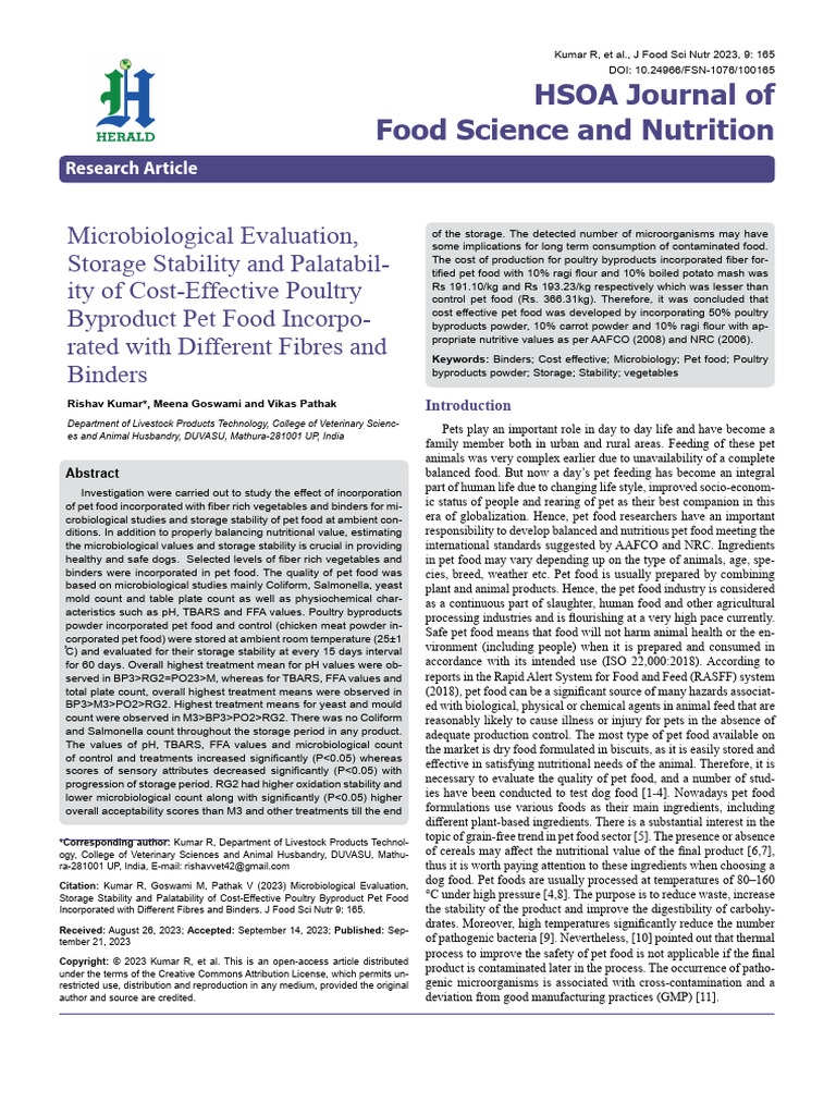 Microbiological Evaluation Storage Stability and Palatability of Cost ...