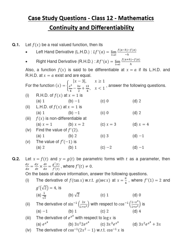 Case Study Class 12 Maths Continuity and Differentiability | PDF