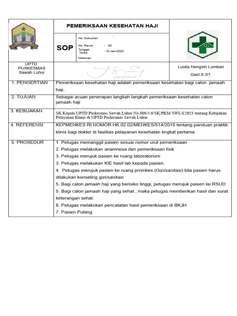 Sop Pemeriksaan Kesehatan Haji | PDF Sop Pemeriksaan Kesehatan Haji | PDF