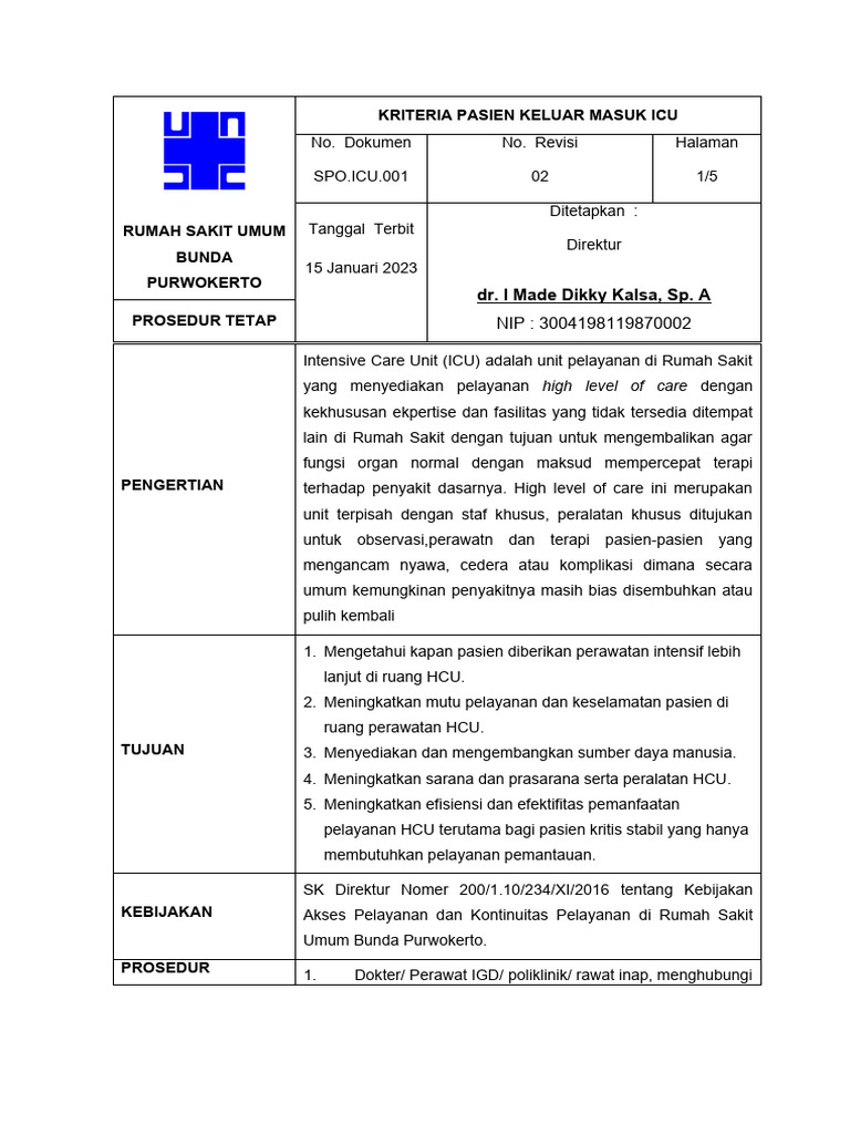 SPO Kriteria Pasien Keluar Masuk HCU 2021 | PDF