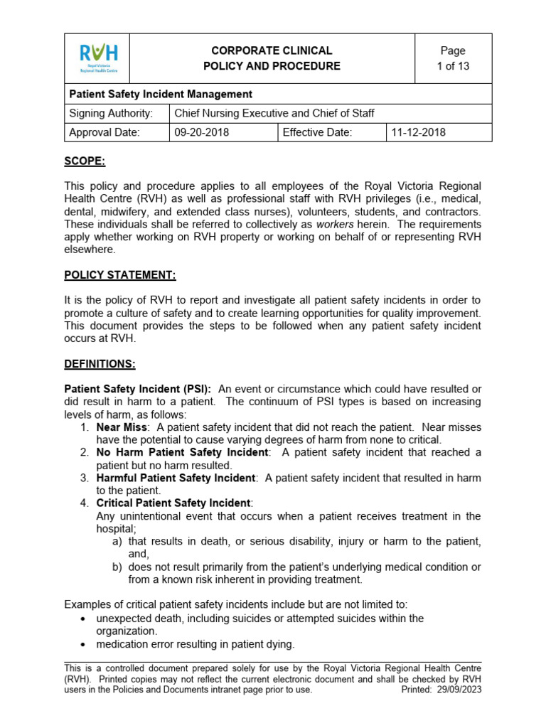 Patient Safety Incident Management Policy and Procedure | PDF Patient Safety Incident Management Policy and Procedure | PDF