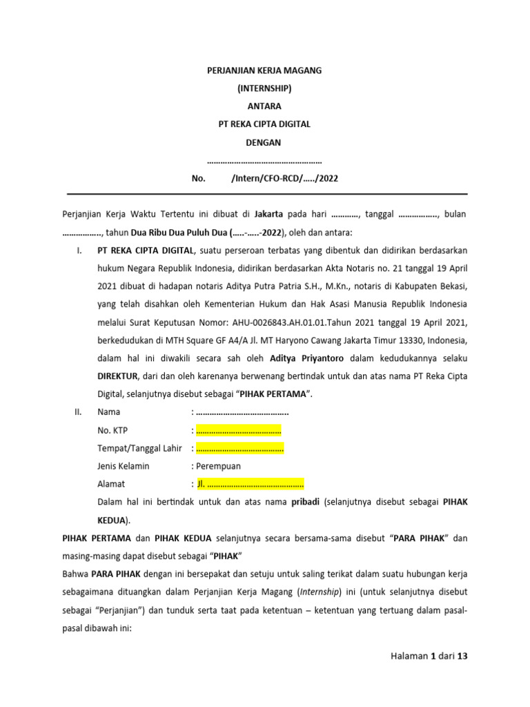 Draft Perjanjian Kerja Magang | PDF