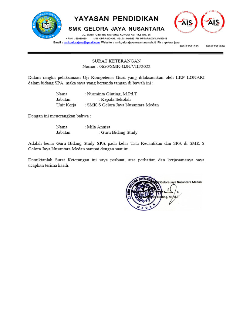 SURAT KETERANGAN Caca | PDF | Karier & Perkembangan