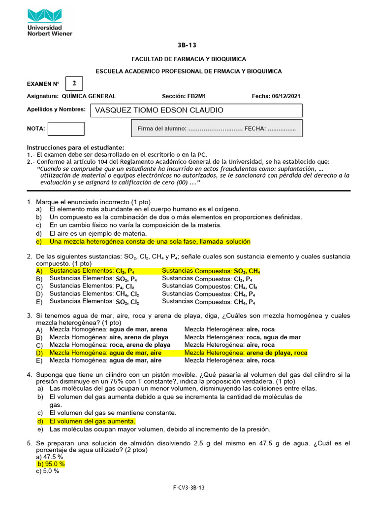 Examen Final Quimica General 2021 | PDF
