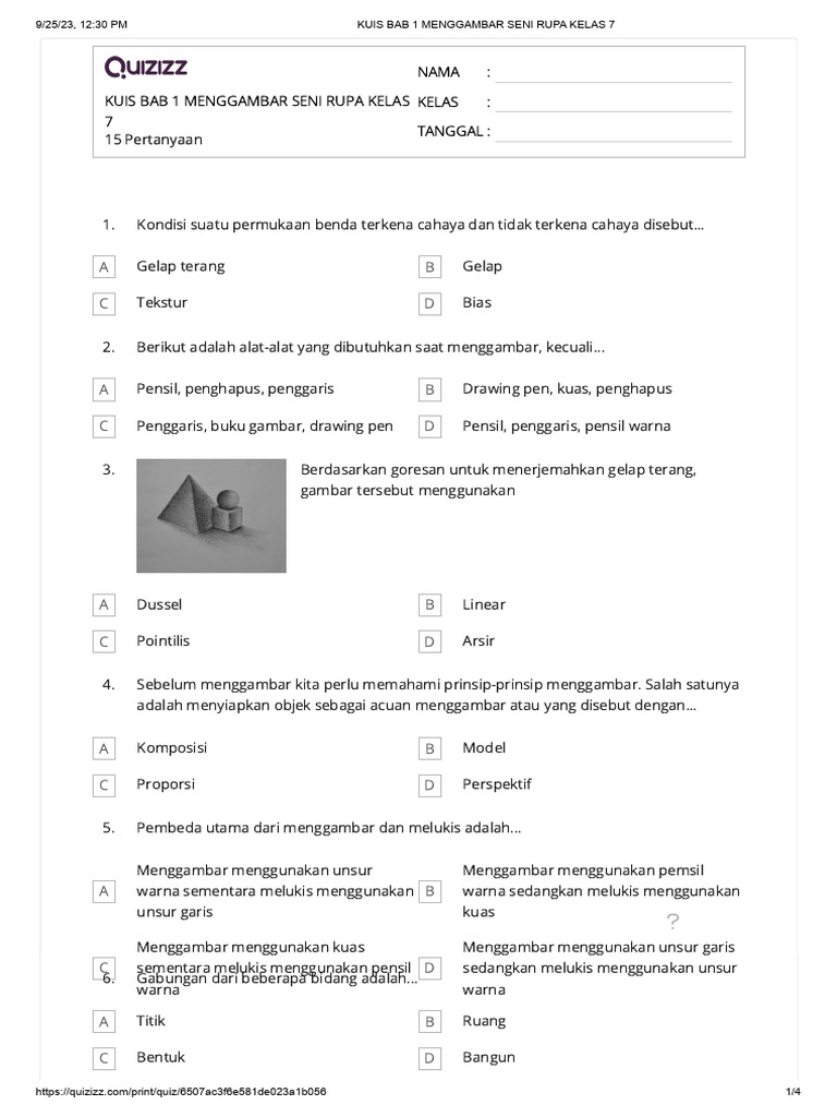 KUIS BAB 1 MENGGAMBAR SENI RUPA KELAS 7 K | PDF