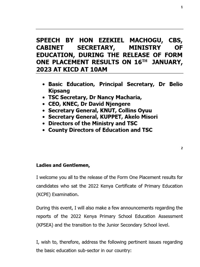 SPEECH BY HON EZEKIEL MACHOGU 2023 FORM 1 Placement FINAL | PDF ...
