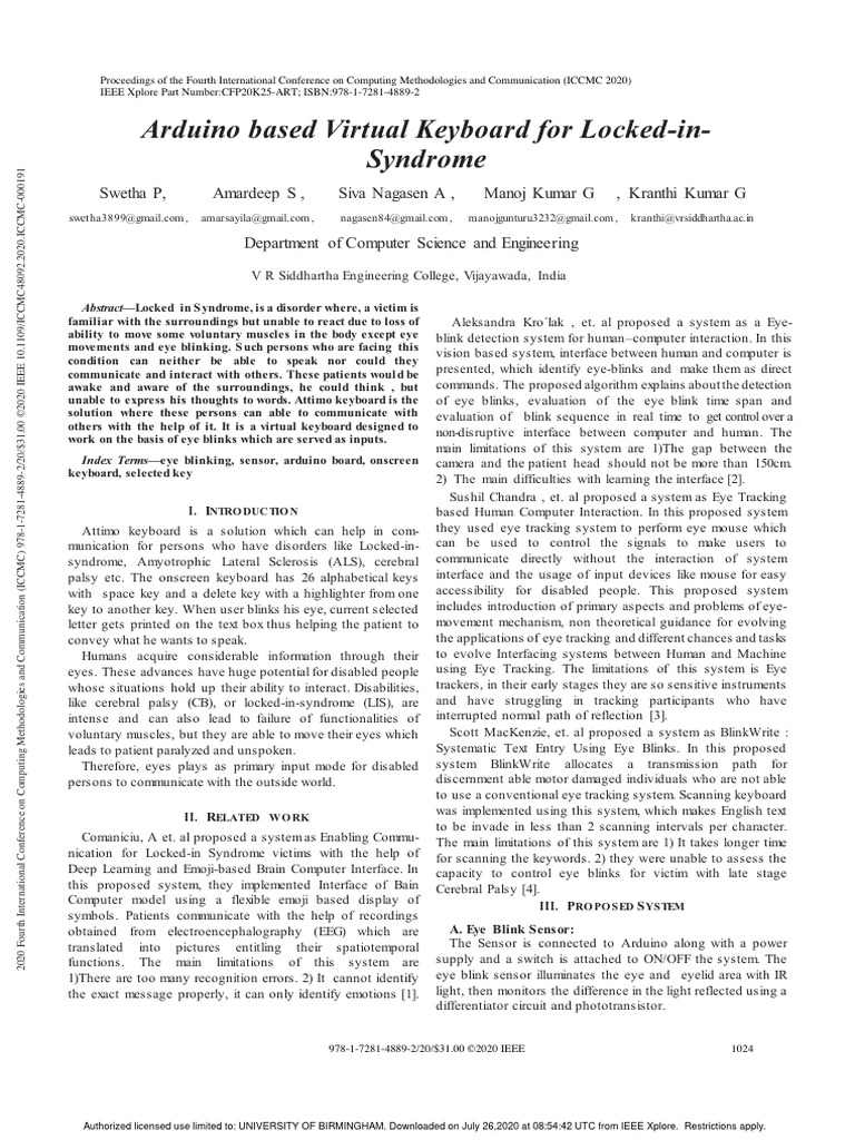 Arduino Based Virtual Keyboard For Locked-inSyndrome | PDF