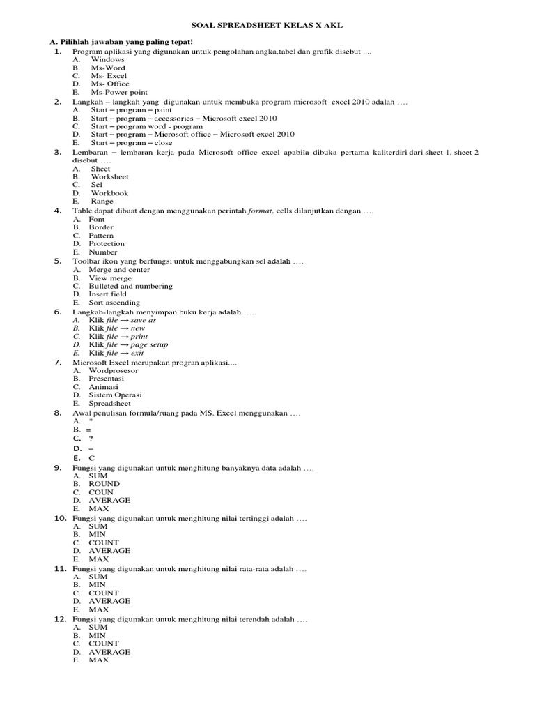 Soal Spreadsheet Kelas X Akun Pdf