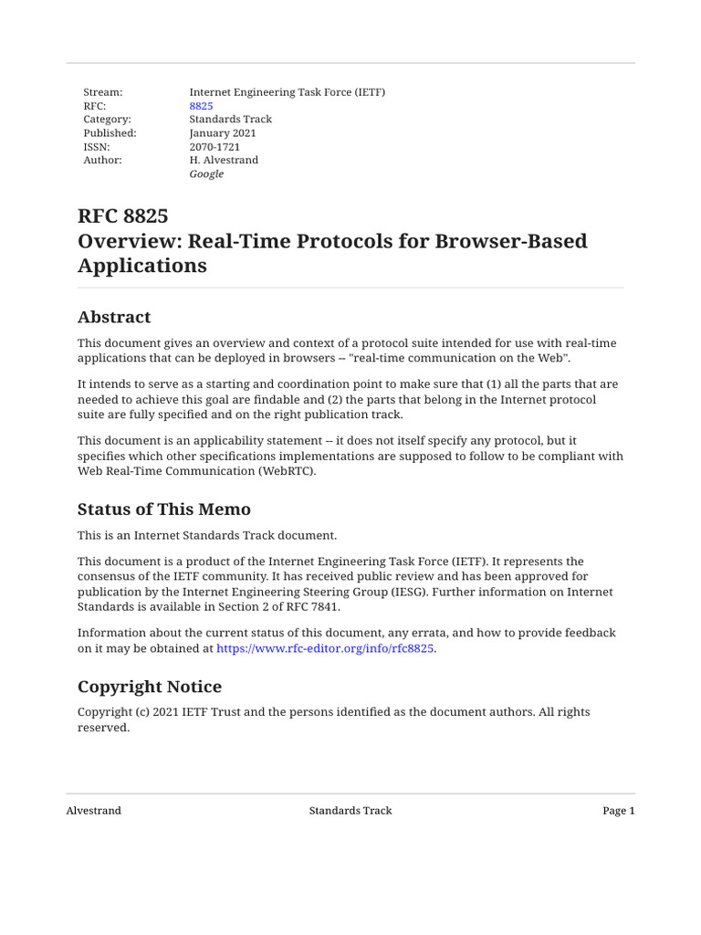 RFC 8825 Overview: Real-Time Protocols For Browser-Based Applications | PDF | Session Initiation ...