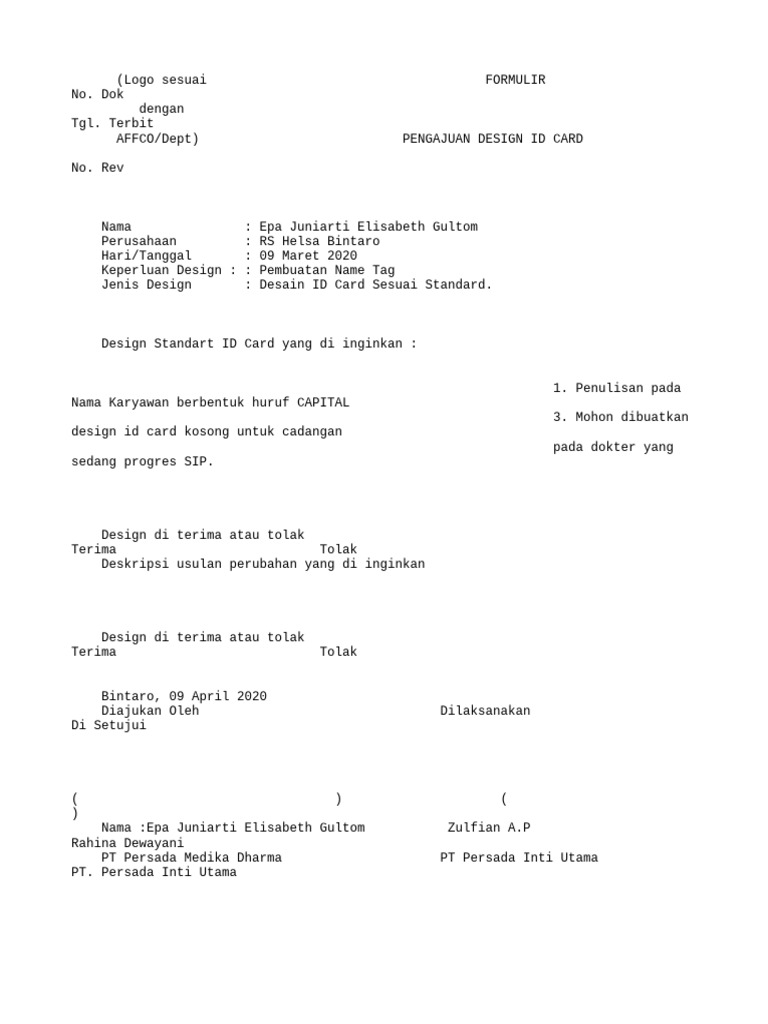 Form Permintaan Design Id Card | PDF