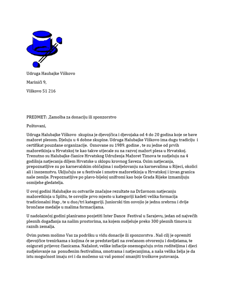 Zamolba Za Donacijom Ili Sponzorstvom | PDF