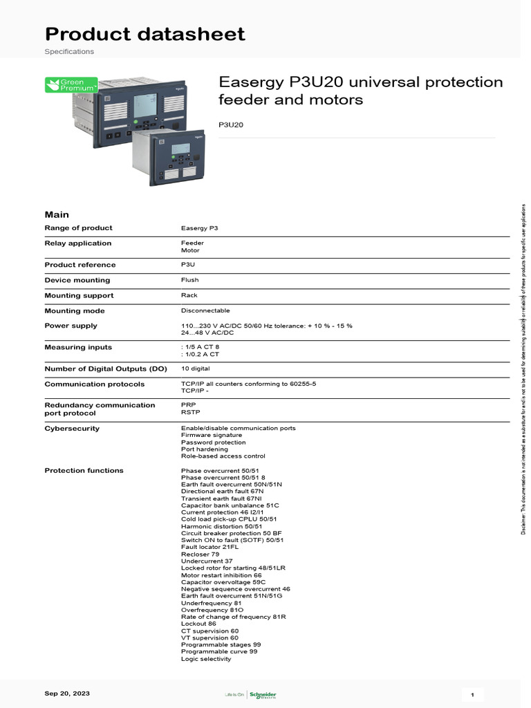 Easergy P3 Protection Relays - P3U20 | PDF