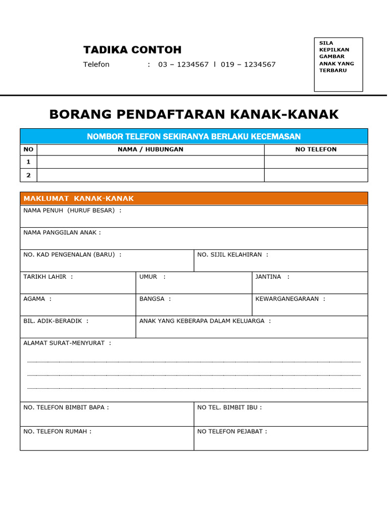 Borang Pendaftaran Kanak-Kanak | PDF