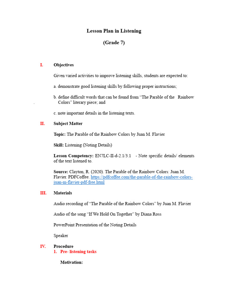 Grade 7 Listening Lesson Plan | PDF | Language Arts & Discipline
