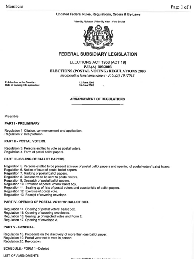 Elections (Postal Voting) Regulations 2003 (P.u. (A) 185-2003) | PDF