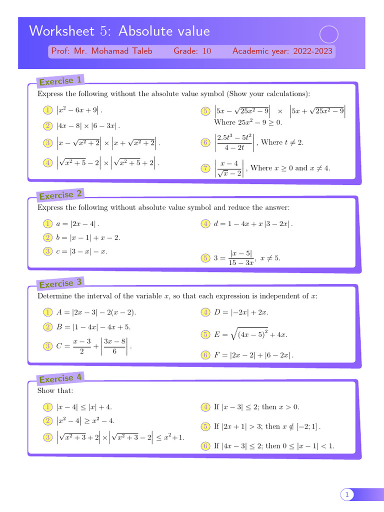 Absolute Value Worksheet | PDF | Mathematics | Mathematical Analysis