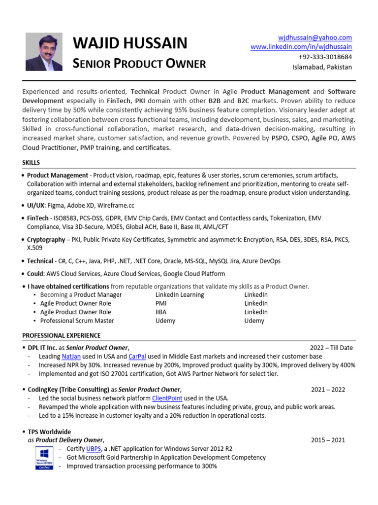 Resume - Wajid Hussain - Senior Product Owner | PDF | Scrum (Software Development) | Agile ...