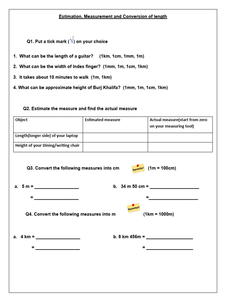 Estimation and Conversion of Length Worksheet | PDF