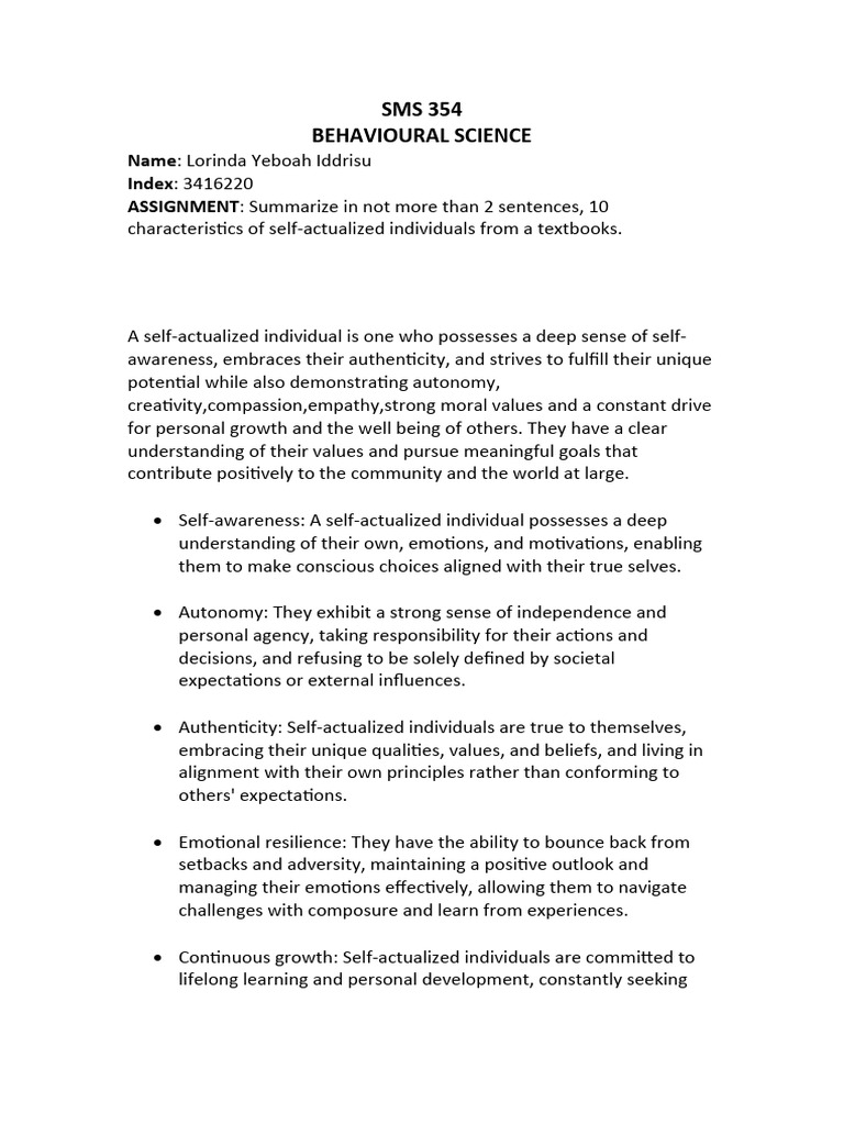 Behavioural Science Assignment (Self Actualisation) 2 | PDF | Self Actualization | Self