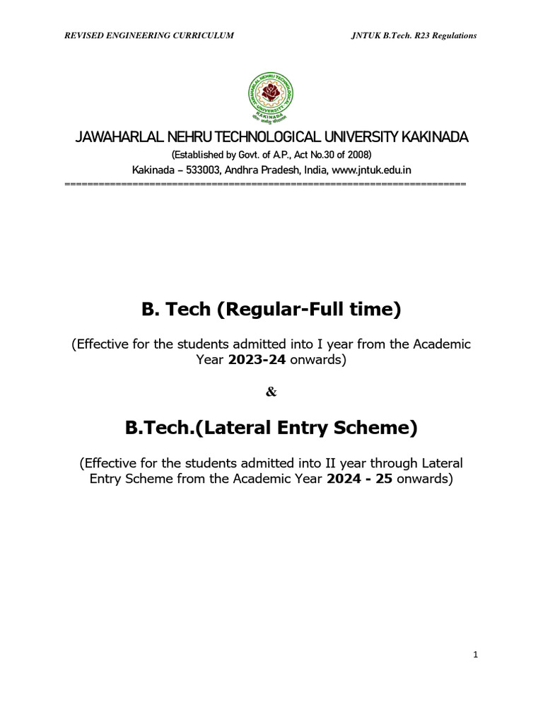 JNTUK - B.Tech. - R23 - Course Structure & I Year Syllabus | PDF ...