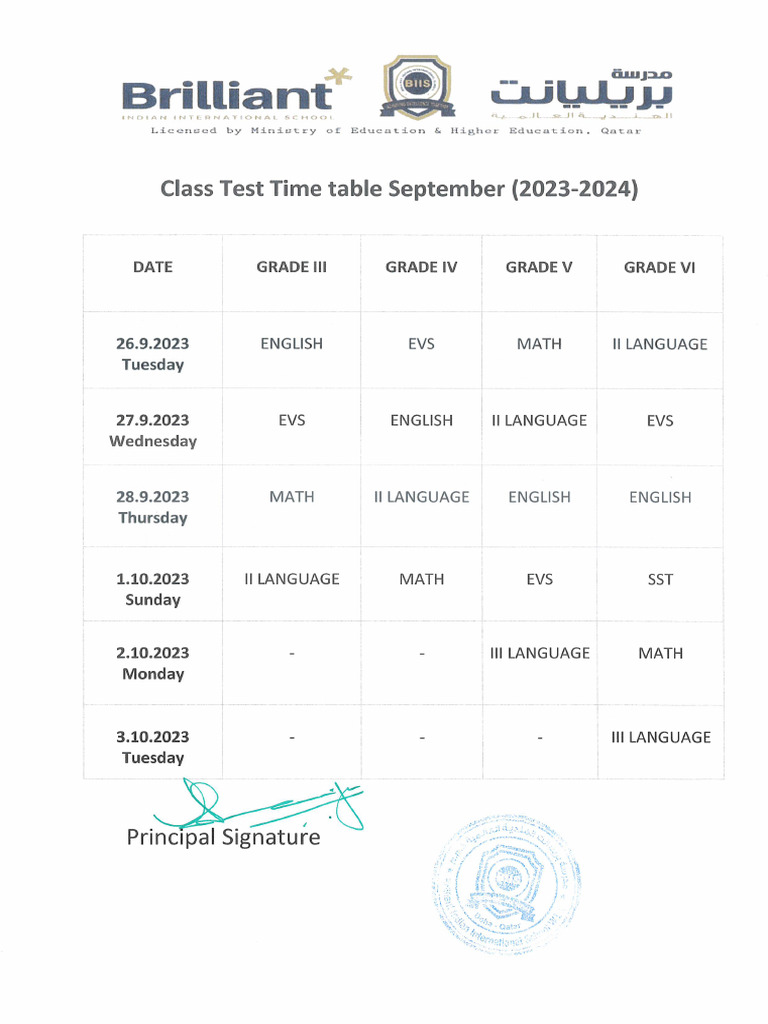 Class Test Timetable September 2023-24 | PDF