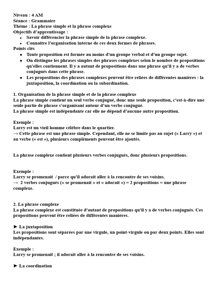 Phrase Simple Et Phrase Complexe | PDF