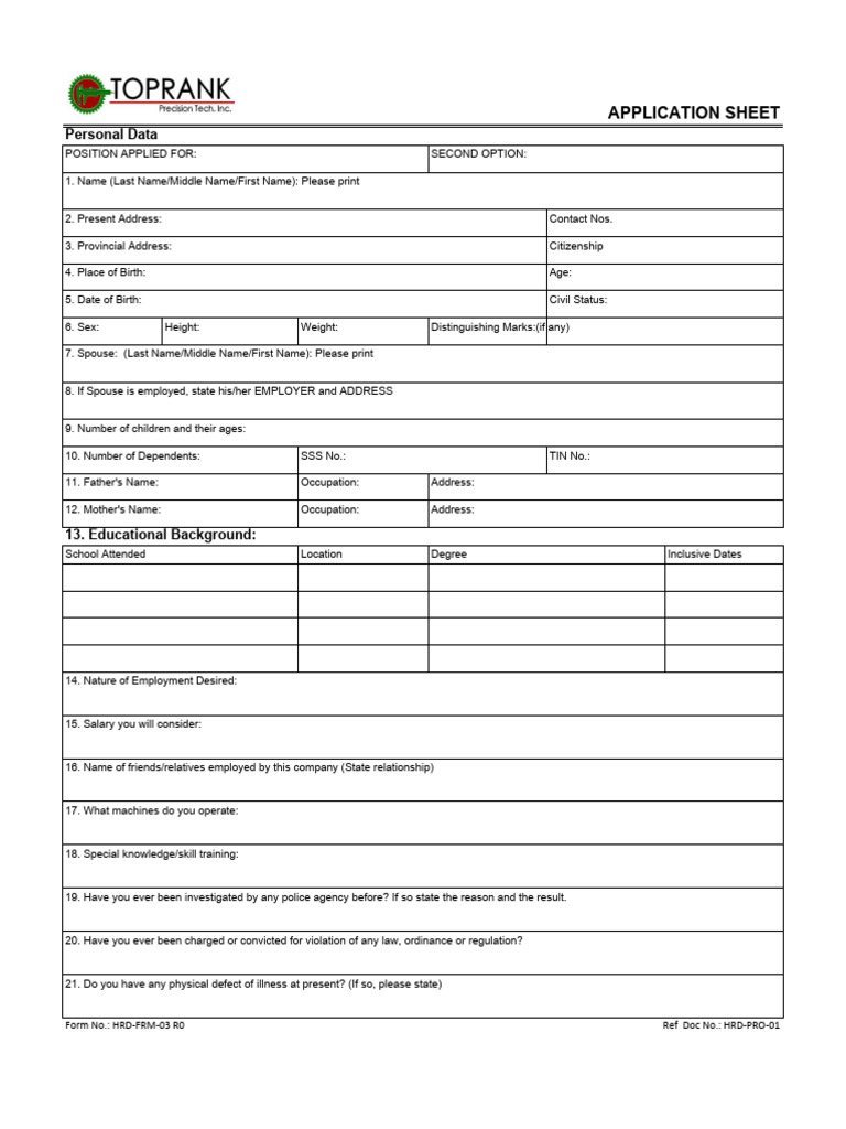 Application Sheet | PDF | Employment | Justice