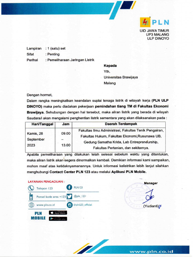 Surat Pemadaman UB - 28 September 2023 | PDF