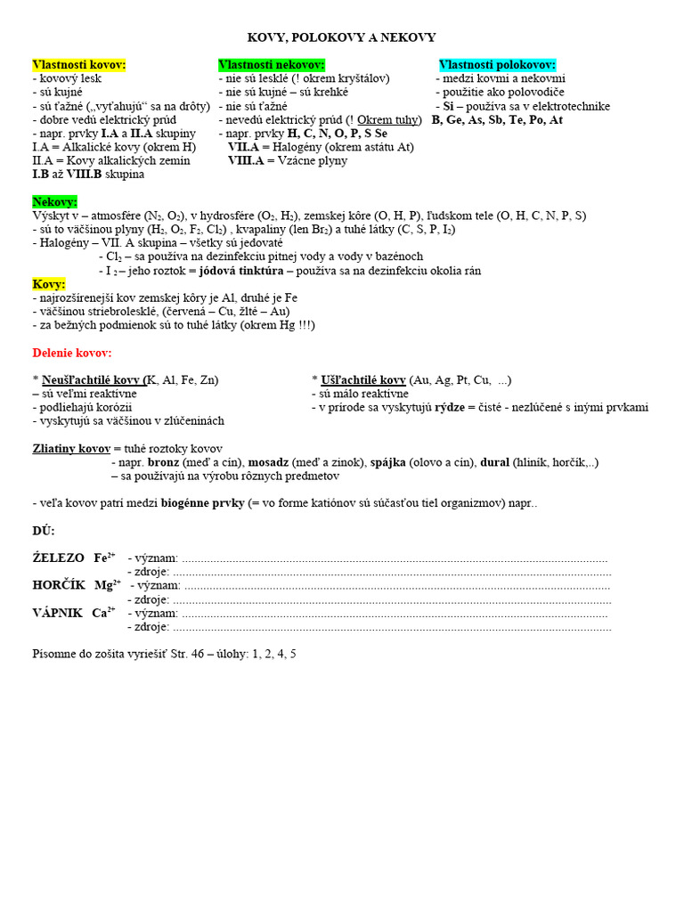 Kovy, polokovy, nekovy - poznÃ¡mky | PDF