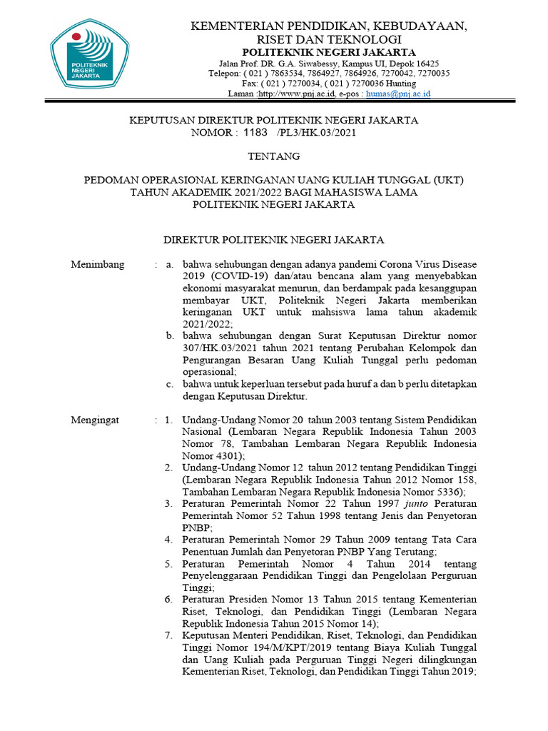 1183 SK DIR Keringanan UKT Untuk Mahasiswa Lama 2021 | PDF