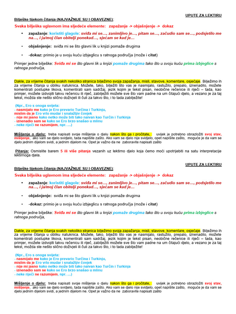 Upute Za Lektiru 2022 2023 | PDF