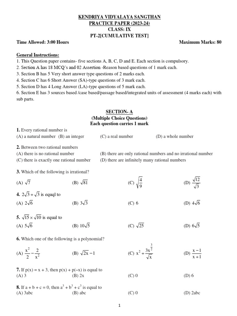 Class 9 Math Practice Paper 2023 | PDF