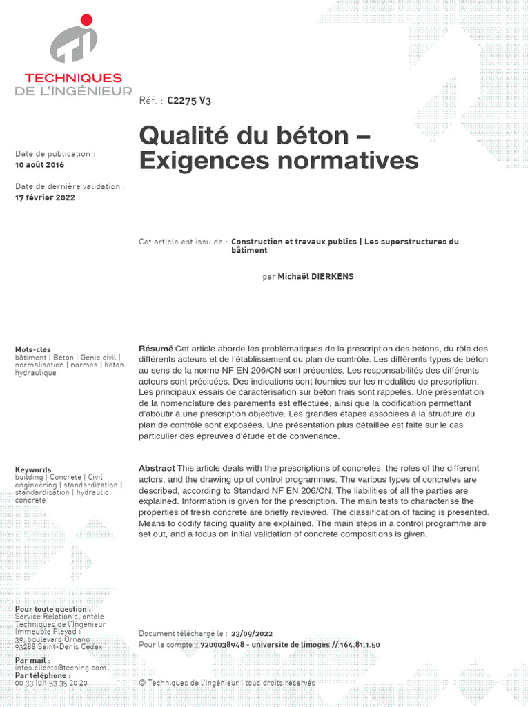 Qualité du béton –exigences normatives | PDF