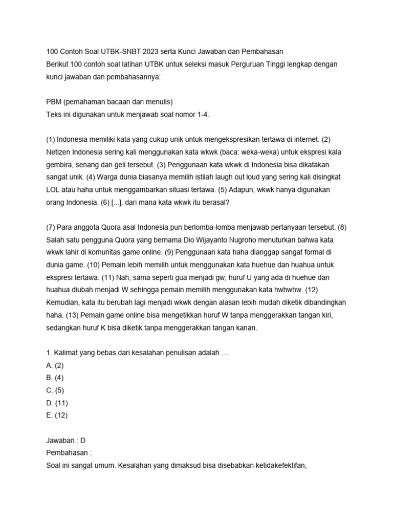 100 Contoh Soal UTBK | PDF