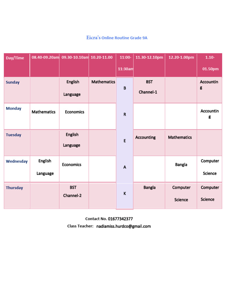Grade 9A Class Routine Overview | PDF