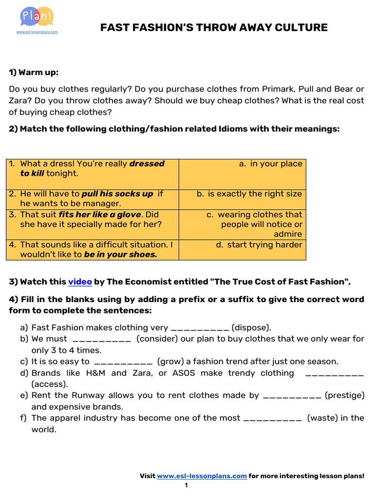 An ESL Lessonplan on Fast Fashion. C1 Lesson Plan. Student Version. | PDF