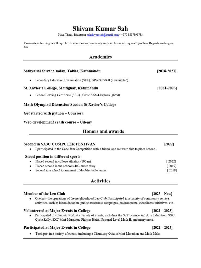 Shivam Kumar Sah Resume | PDF