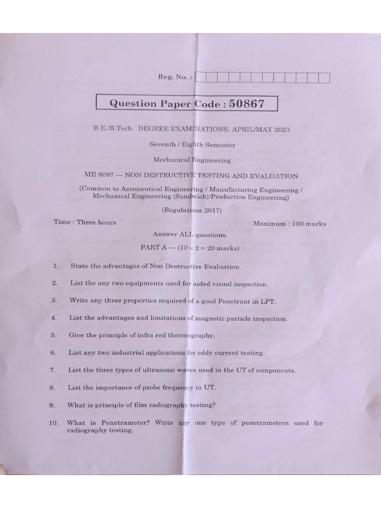 ME8097 NDT Question Paper | PDF