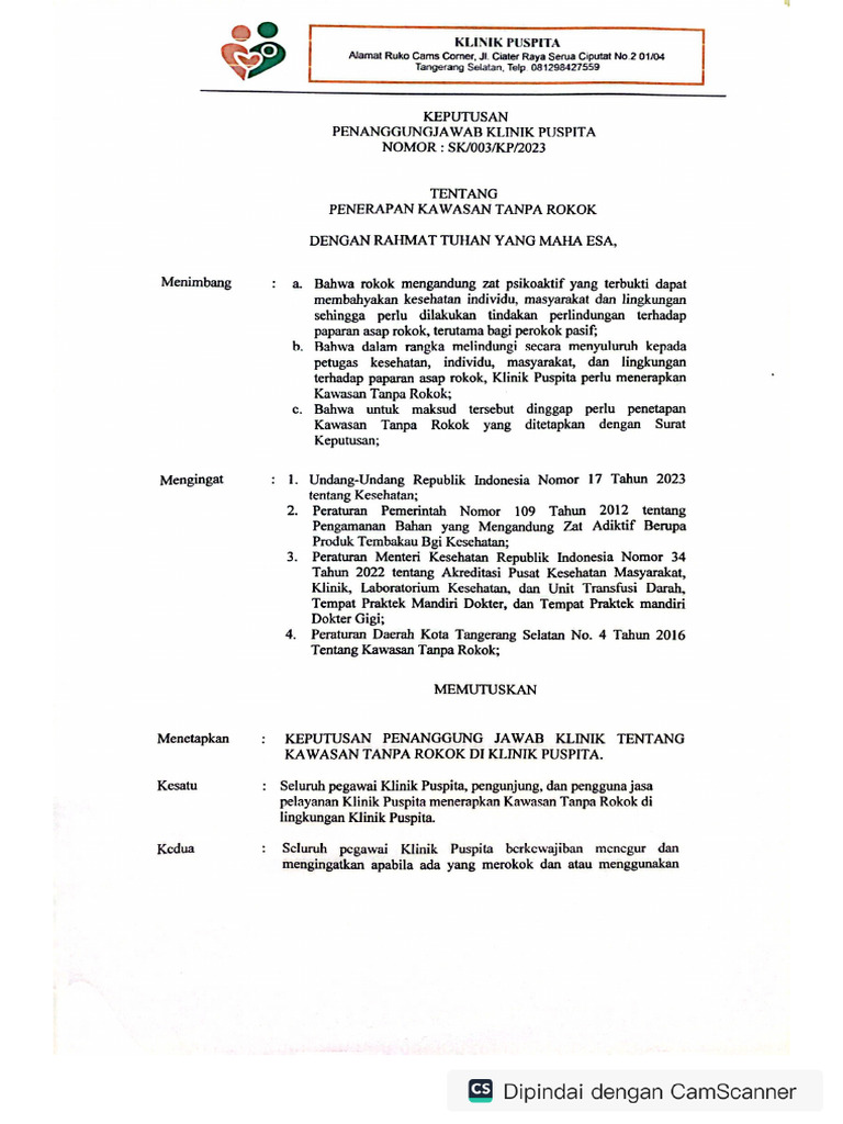 SK Larangan Merokok (Klinik Puspita) | PDF